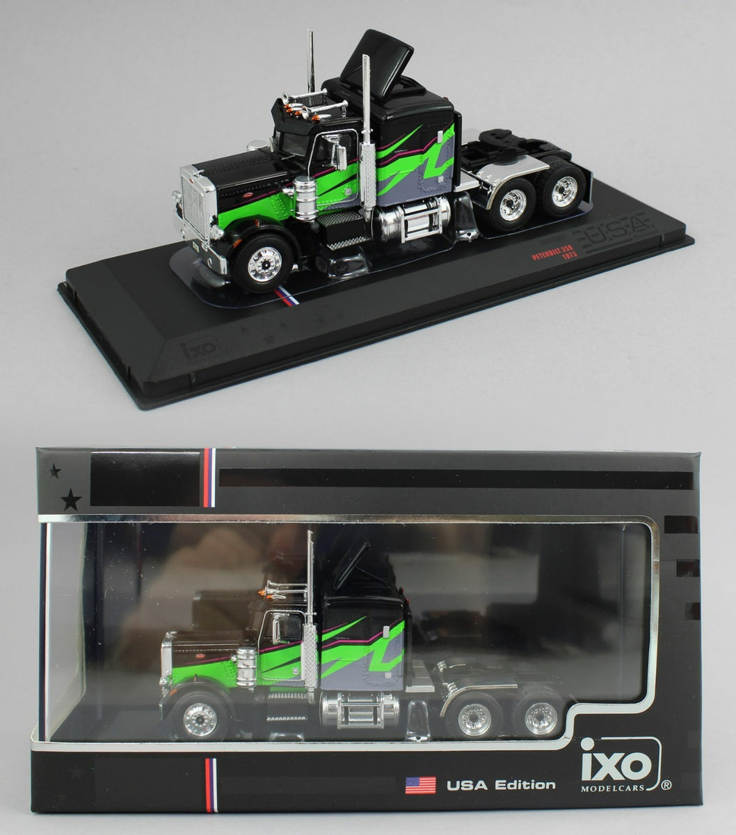 1:64 IXO Models *BLACK & GREEN* 1973 Peterbilt 359 Flattop Semi Truck ...