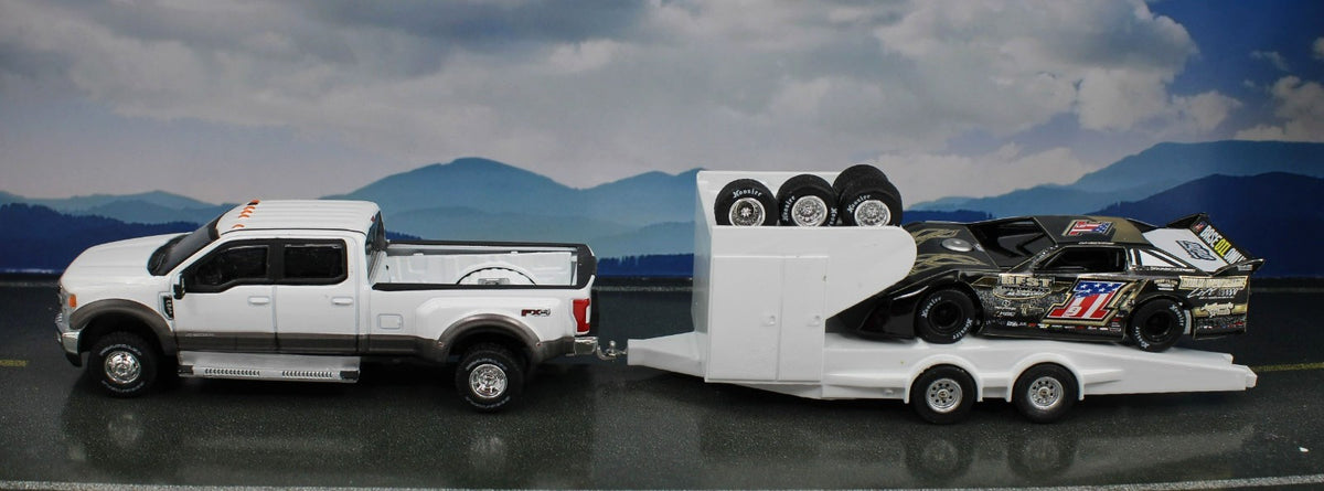 1:64 WHITE Parker Ramp Over Race Car Trailer for ADC Dirt Late Model D ...