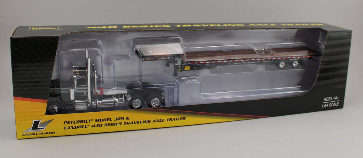 DCP 1:64 *BLACK* Peterbilt 389 Day Cab Semi w/LANDOLL 440 Traveling Ax ...