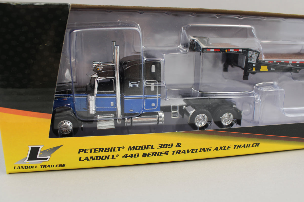 DCP 1:64 *BLACK & BLUE* Peterbilt 389 Midroof Semi w/LANDOLL 440 Trave ...
