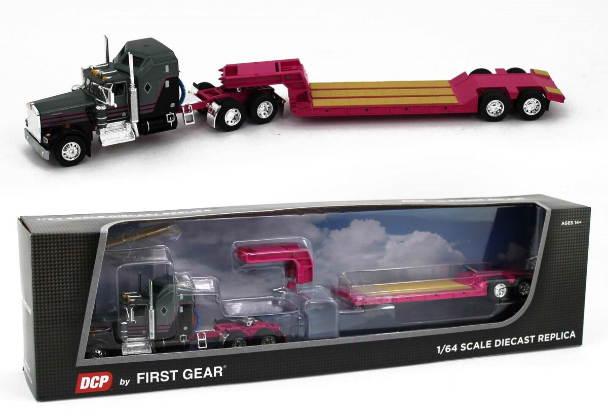 2022 DCP *GUN METAL & PINK* Kenworth W900A Aerodyne & Rogers Lowboy Tr ...