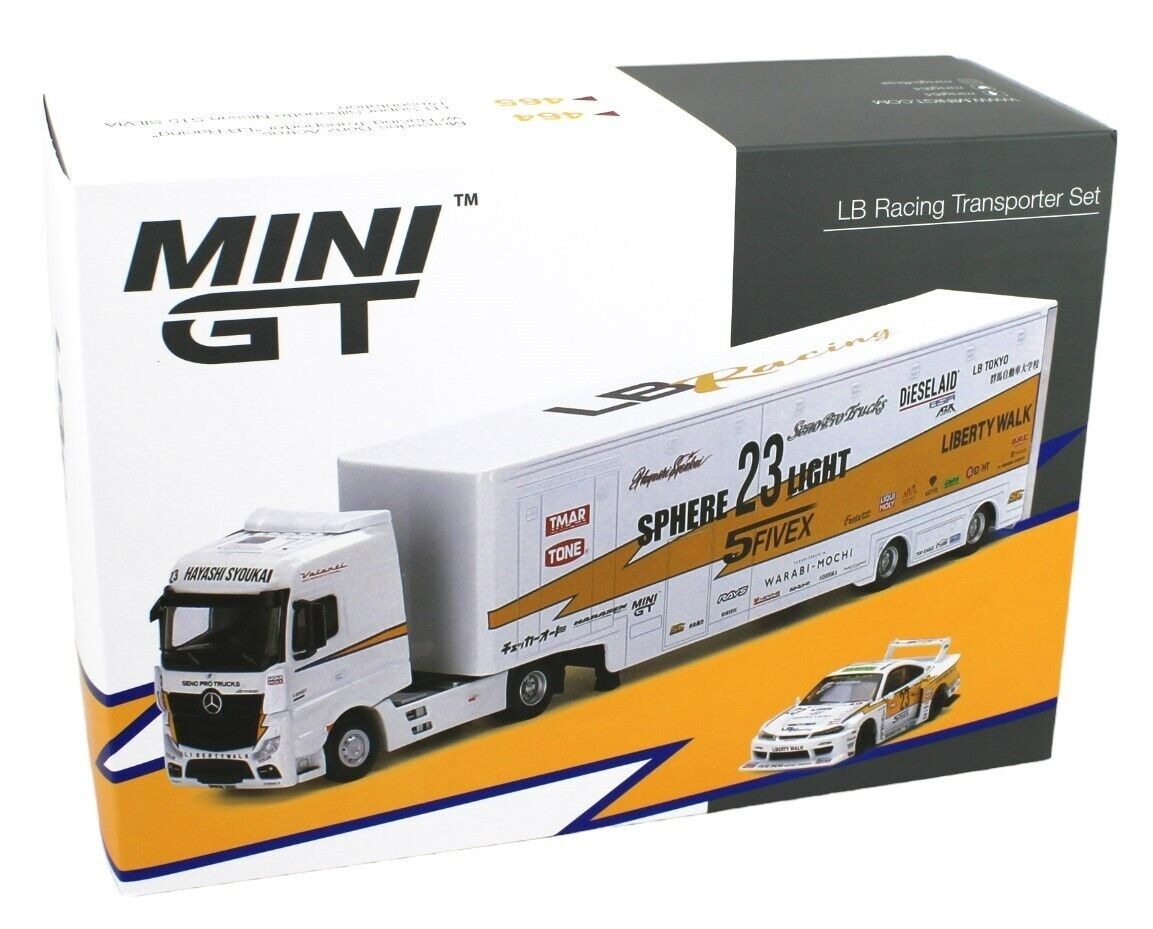 1:64 Mini GT 464 465 = LB Racing Mercedes Transporter Set w/Nissan Sil ...