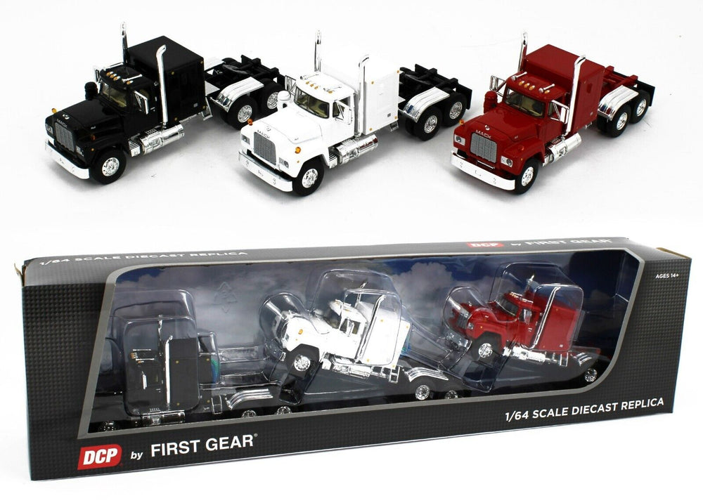 DCP 1:64 *MACK R MODEL* Red Black White Semi Truck Flattop Sleeper 3pc ...