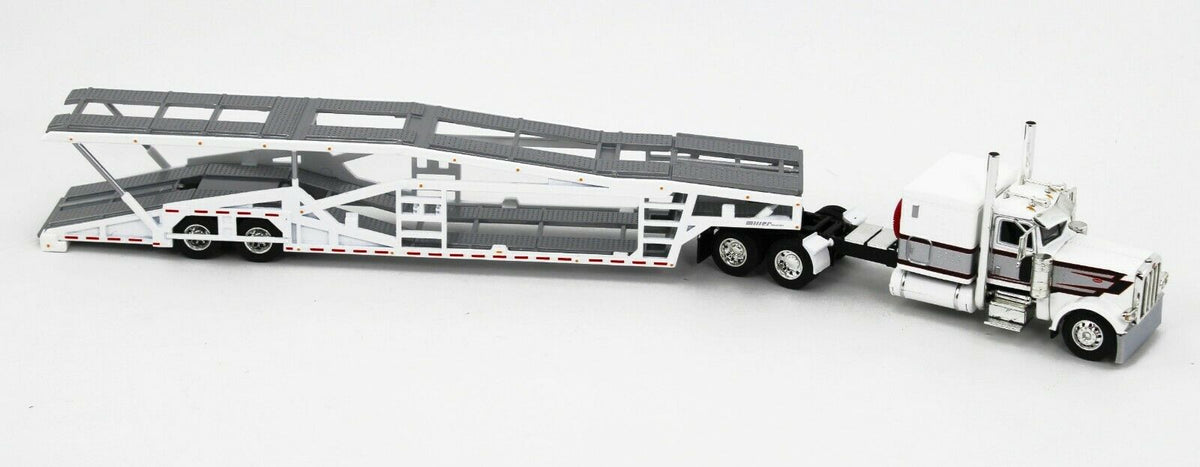 2021 DCP 1:64 WHITE Peterbilt 389 SEMI w/MILLER AUTO TRANSPORT CAR HAU ...